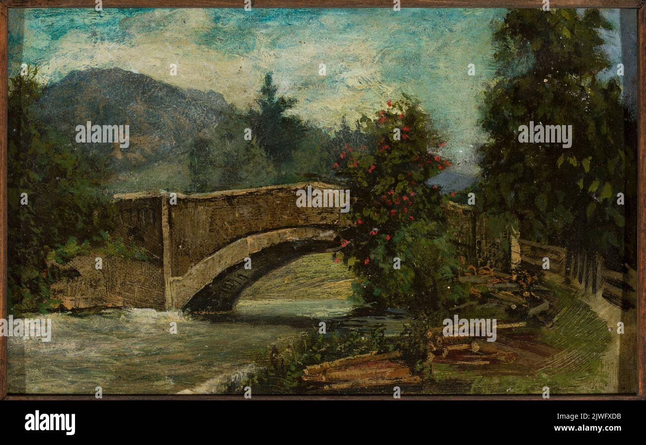Mountain landscape with a stone bridge over a creek. unknown, painter ...
