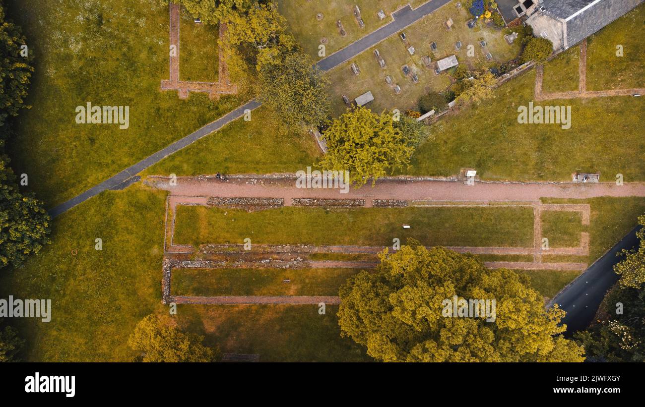 An aerial view of a Roman empire fortress archaeological site in ...