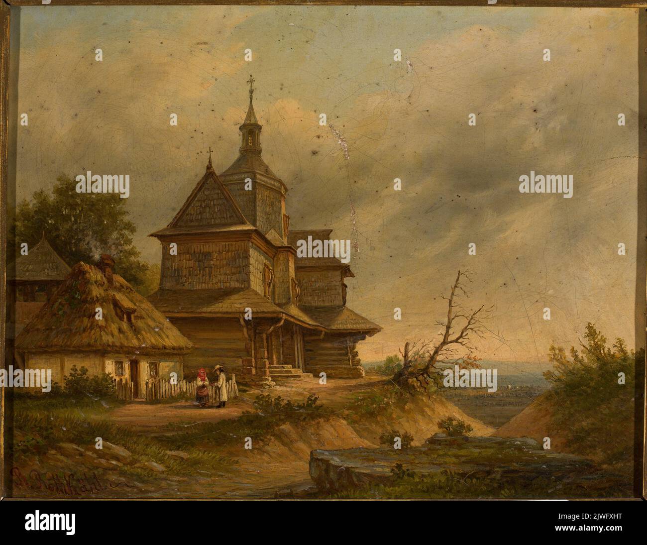 Landscape with a small wooden Orthodox church at a cliff. Rothkähl ...