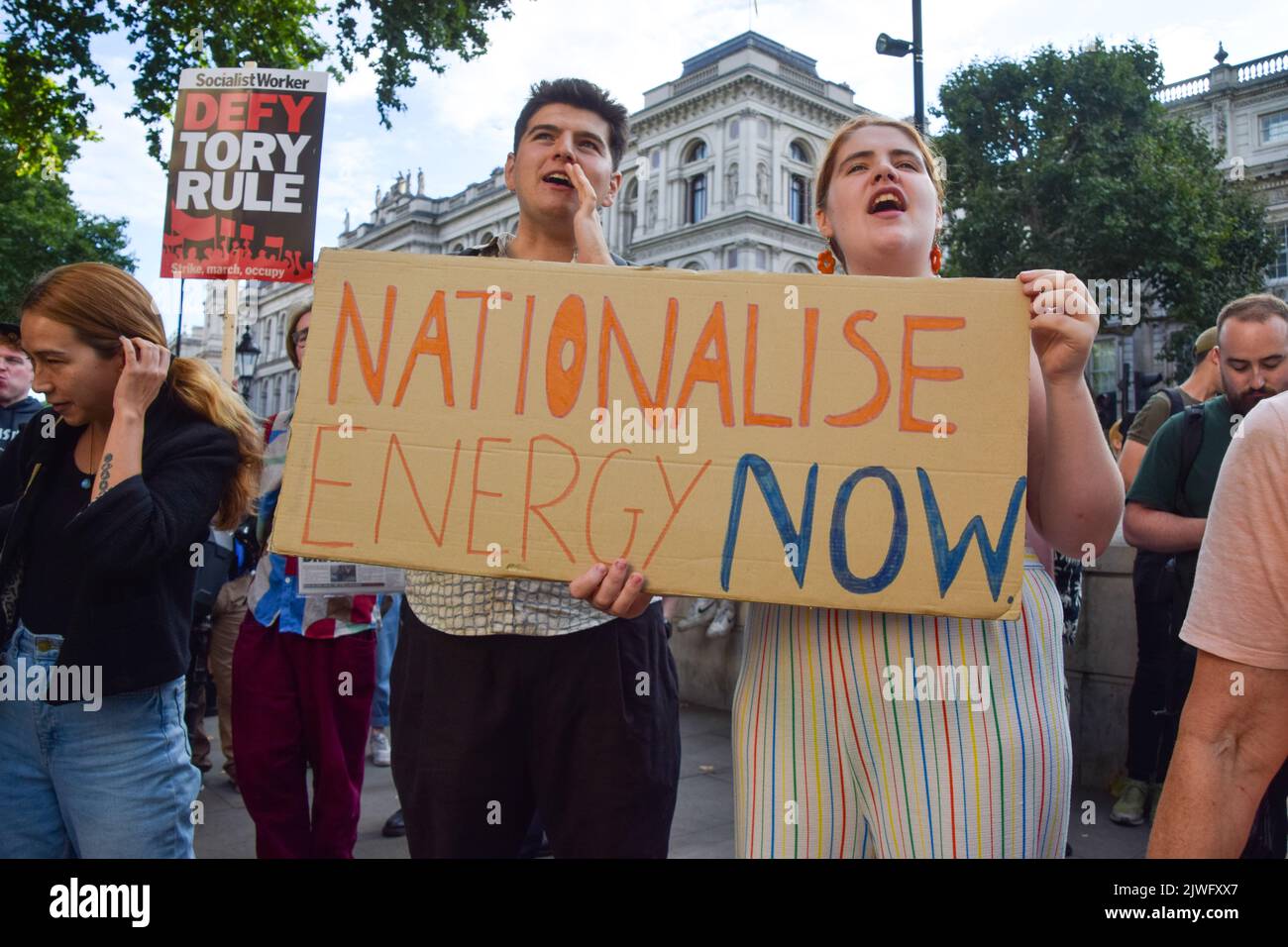 London, England, UK. 5th Sep, 2022. Protesters hold a ''Nationalise ...