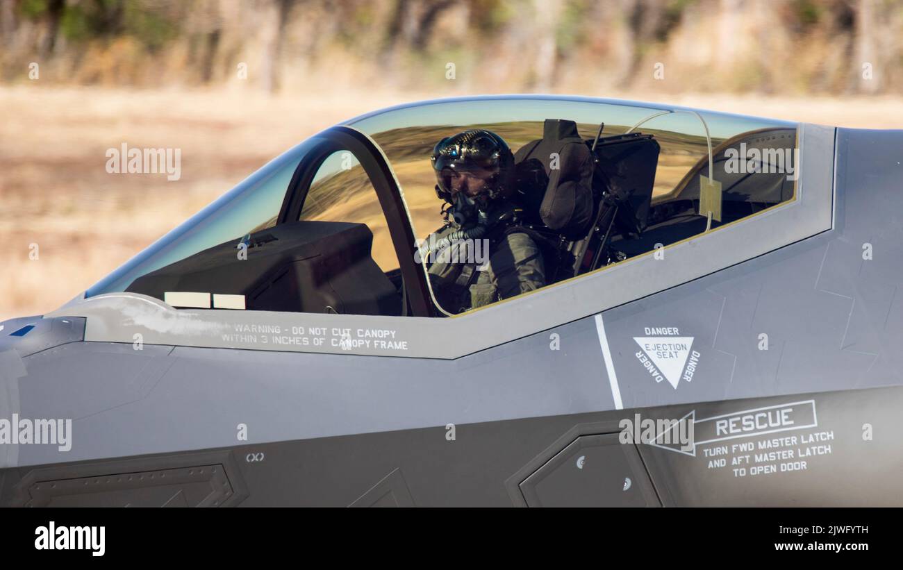 A Royal Australian Air Force (RAAF) F-35A Lightning II aircraft pilot with No. 75 Squadron taxis ...