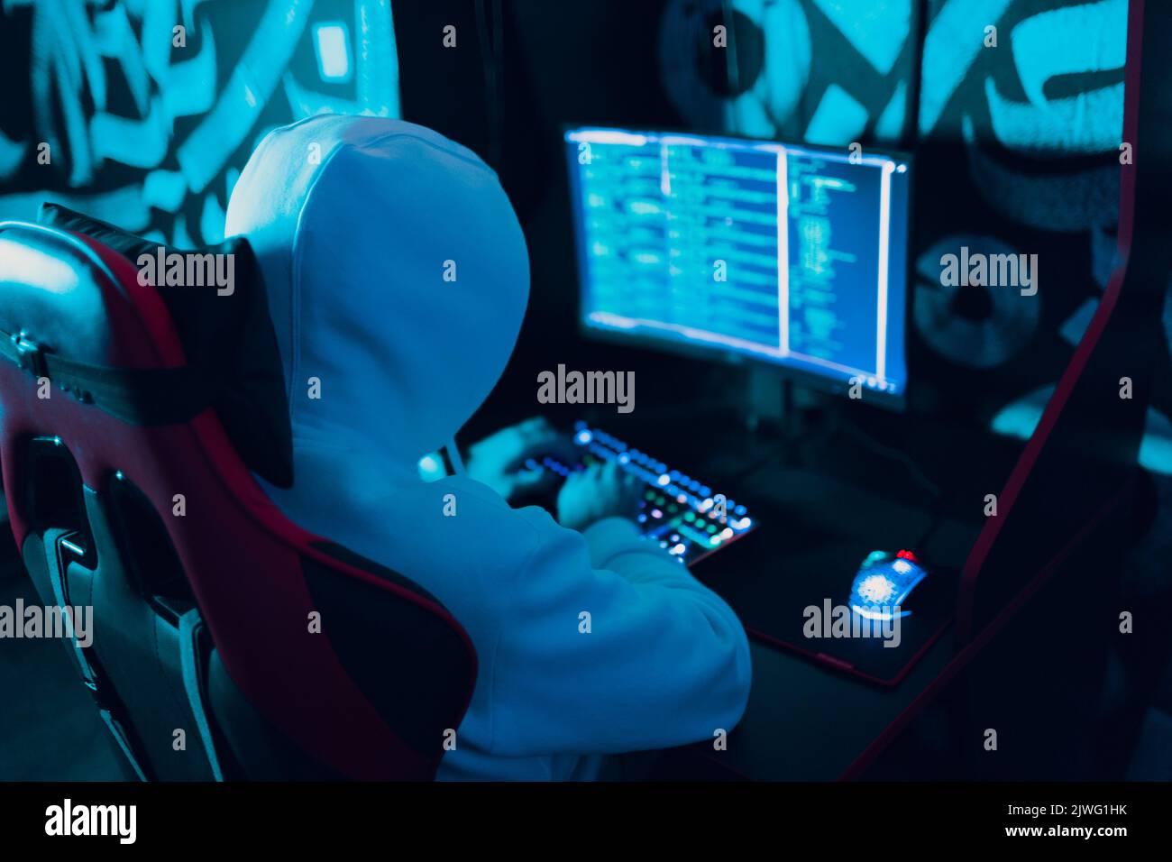 Hacker In Hoodie Working Hacks Code Site On Personal Computer War And Cyber Attack Concept