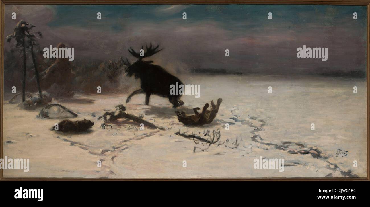Elk fighting the wolves. Julian Fałat (1853-1929), painter Stock Photo ...
