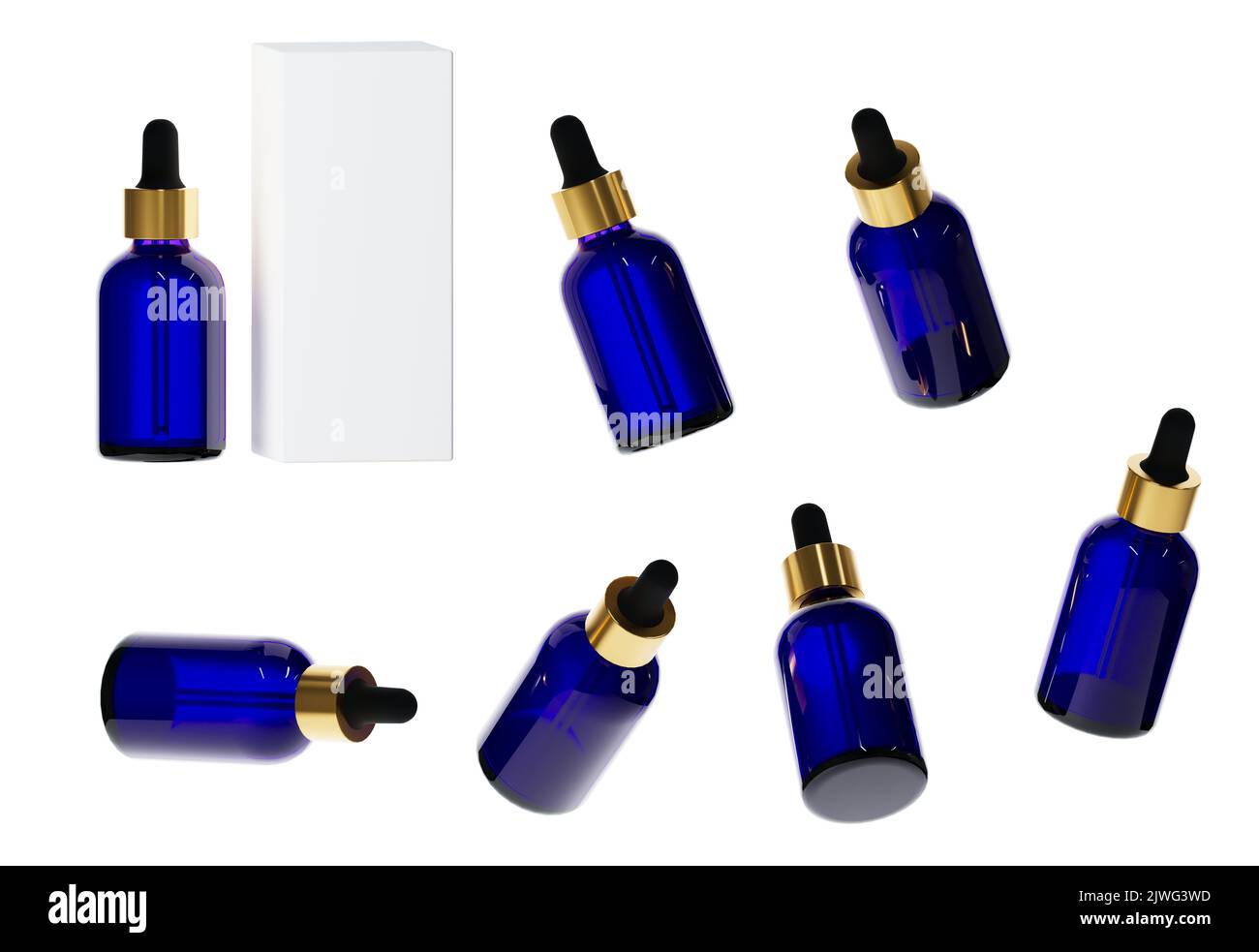 Seven different views of glossy blue glass serum bottle with cap 3D ...