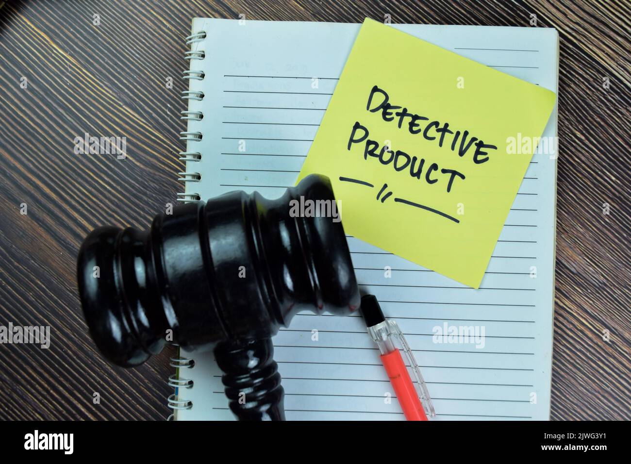 Concept of Detective Product write on sticky notes with gavel isolated ...