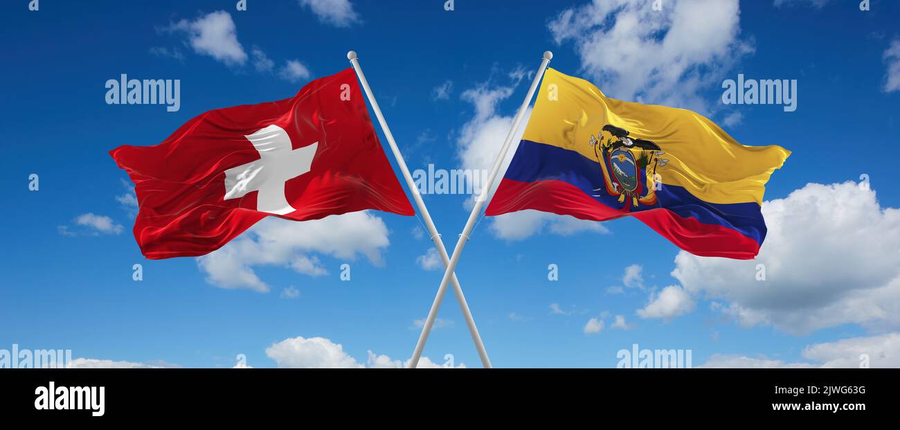 two crossed flags Ecuador and Switzerland waving in wind at cloudy sky ...