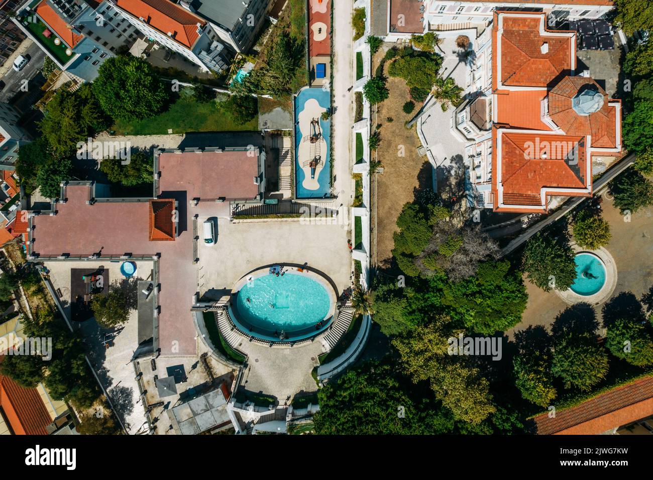 Top down drone view of Torel Garden in Lisbon, Portugal with a large ...