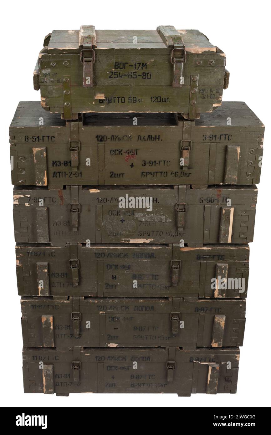 Soviet army ammunition stack of green crates. Text in russian - type of ...