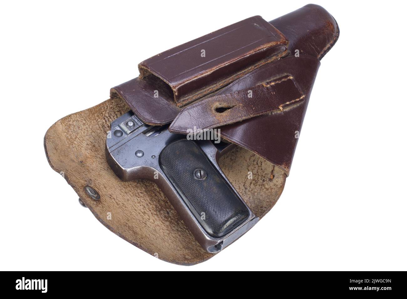Vintage rusty handgun in leather holster on wooden background Stock ...