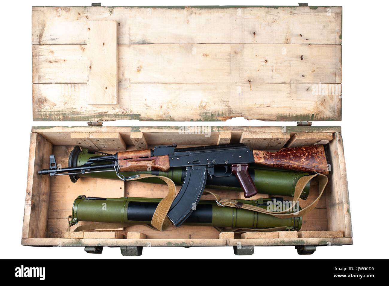 Kalashnikov AK47 gun and "Bazooka" RPG grenade launchers in army green ...