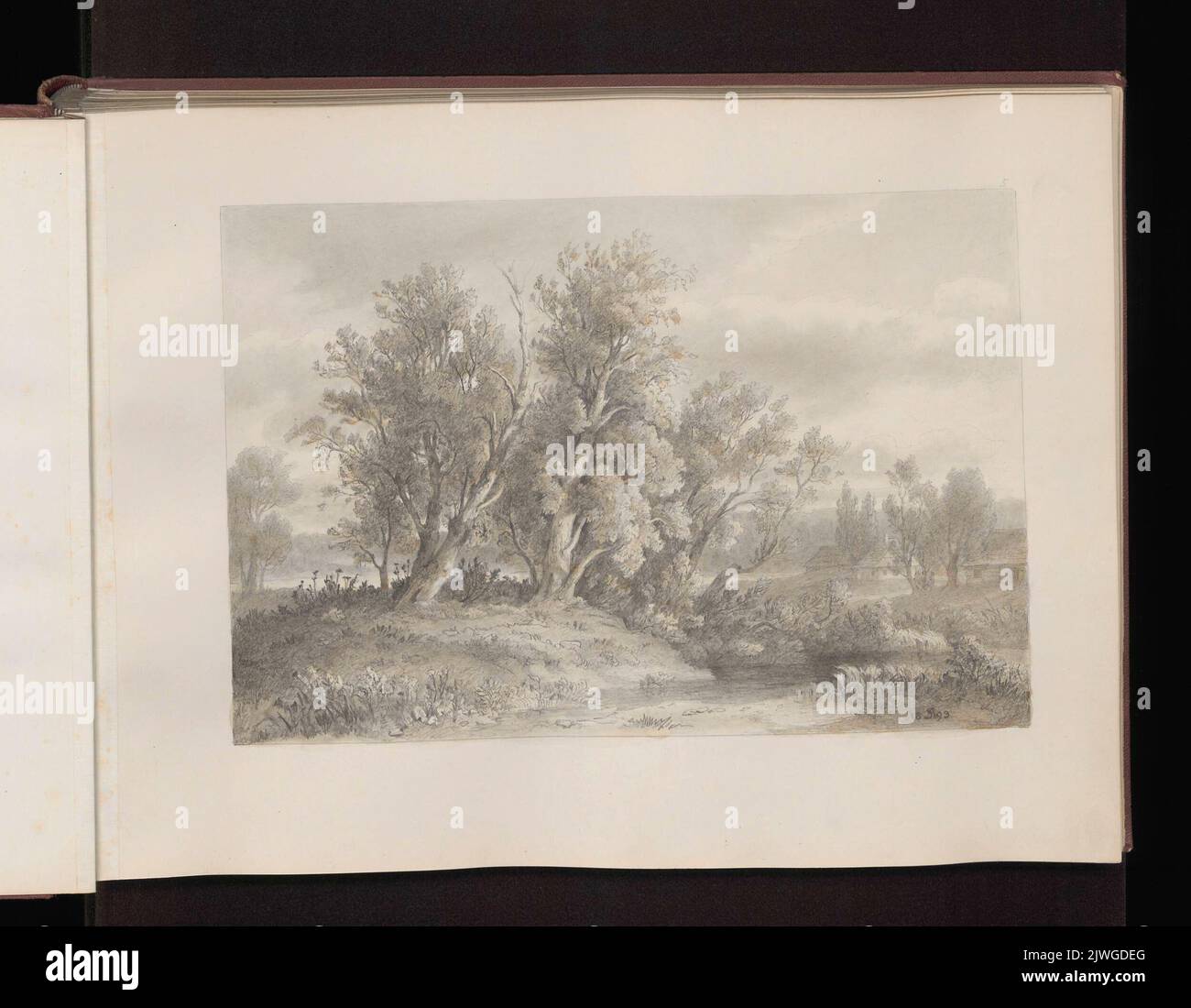A group of trees, farm buildings in the background. Schouppé, Alfred ...