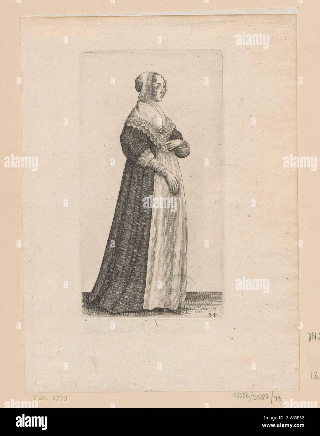 Woman in a bonnet, wearing a dress tightly covering her neck and ...