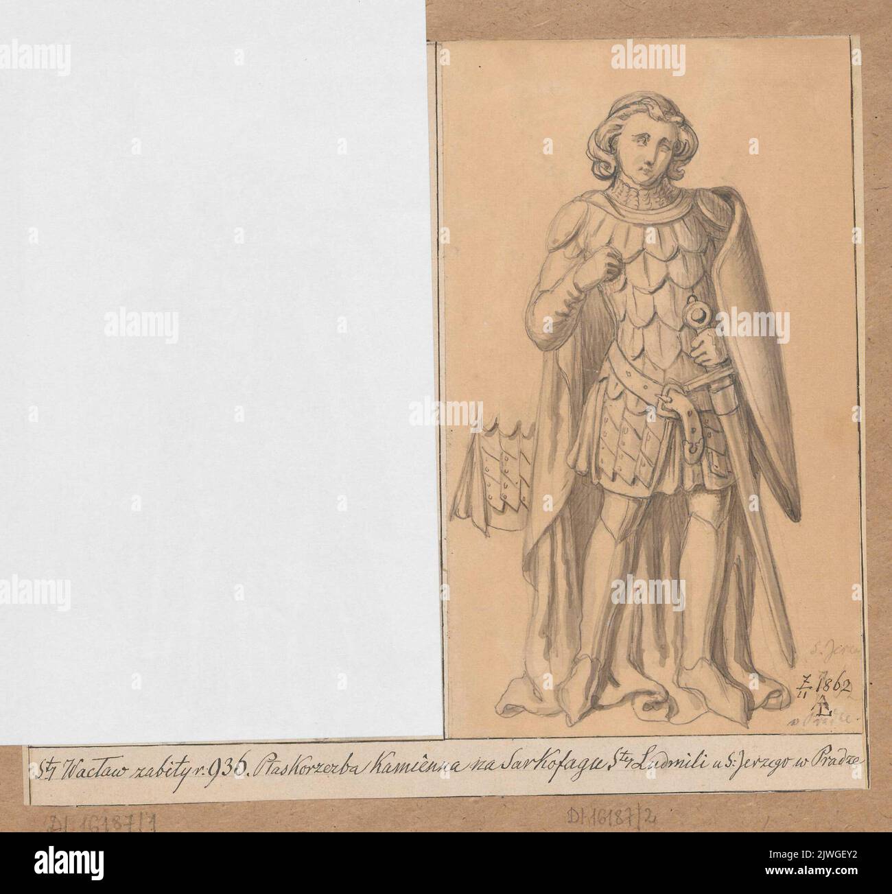 St. Wenceslas I in knight attire with flag in hand, according to bas ...