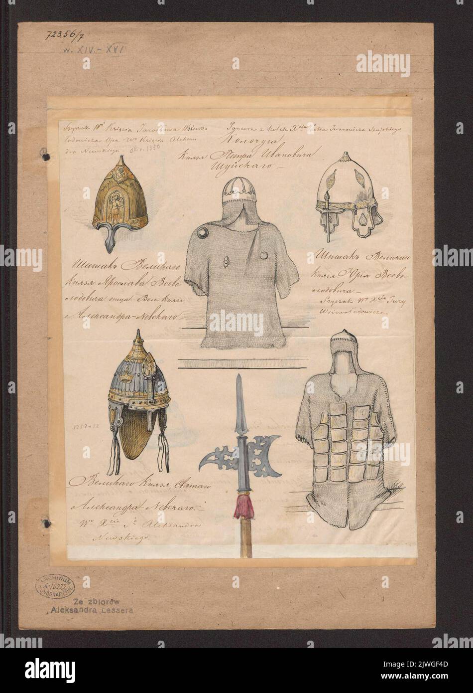 Three lobster-tailed pot helmets, halberd and two mail armours ...