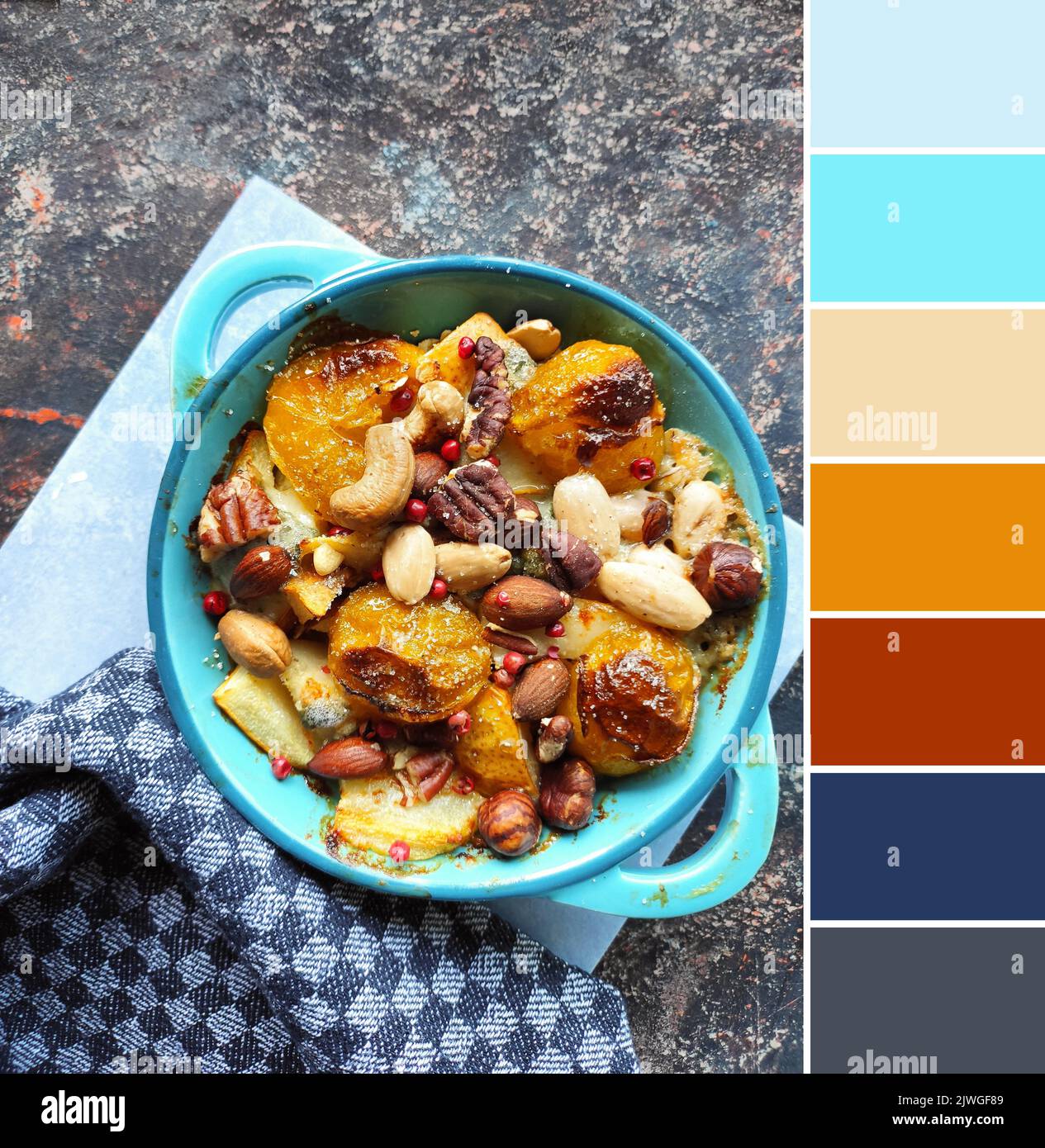 Color matching palette from image of baked fruits and nuts in turquoise ...