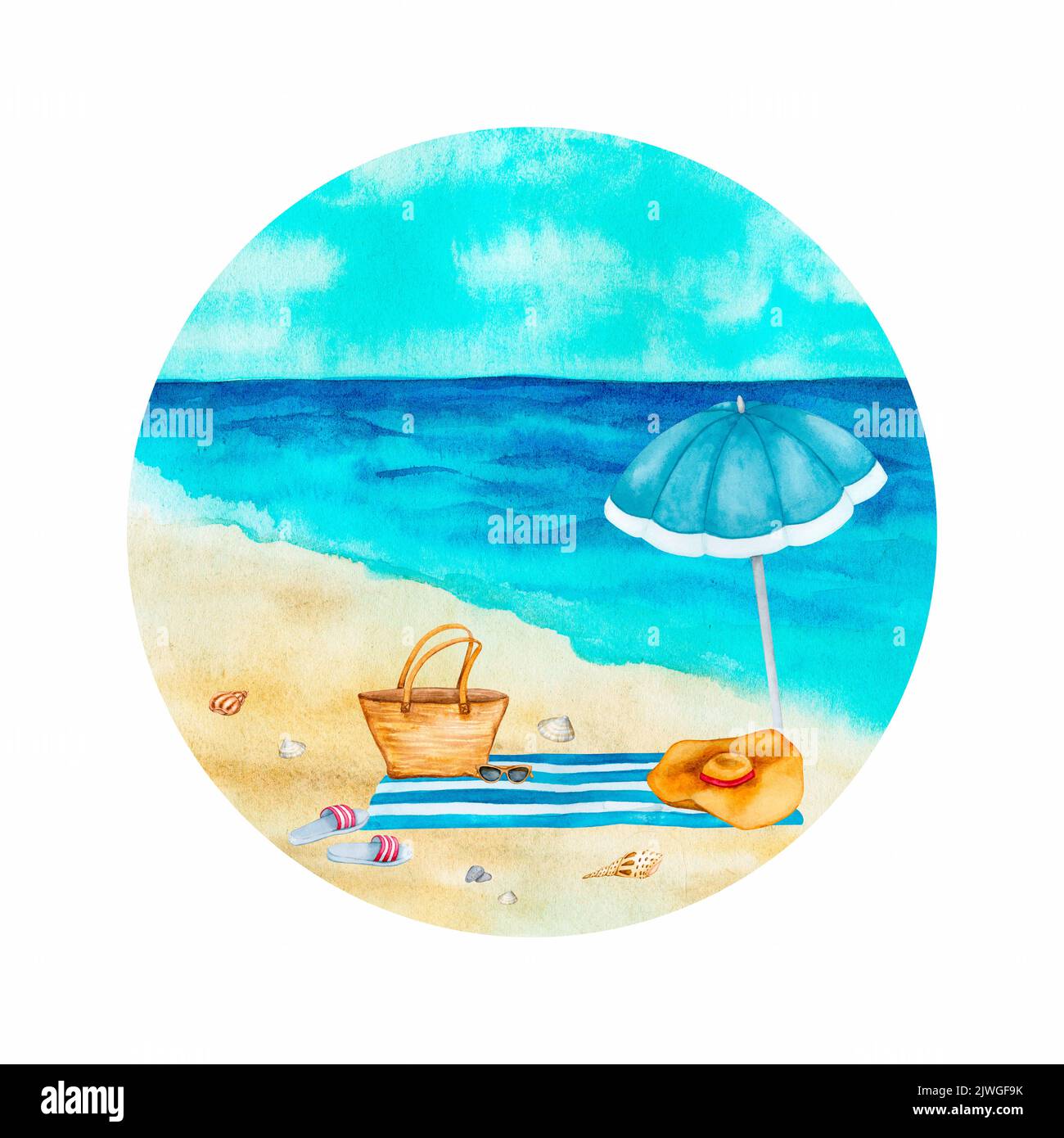 Summer beach vacation. Watercolor background. Composition on the ...