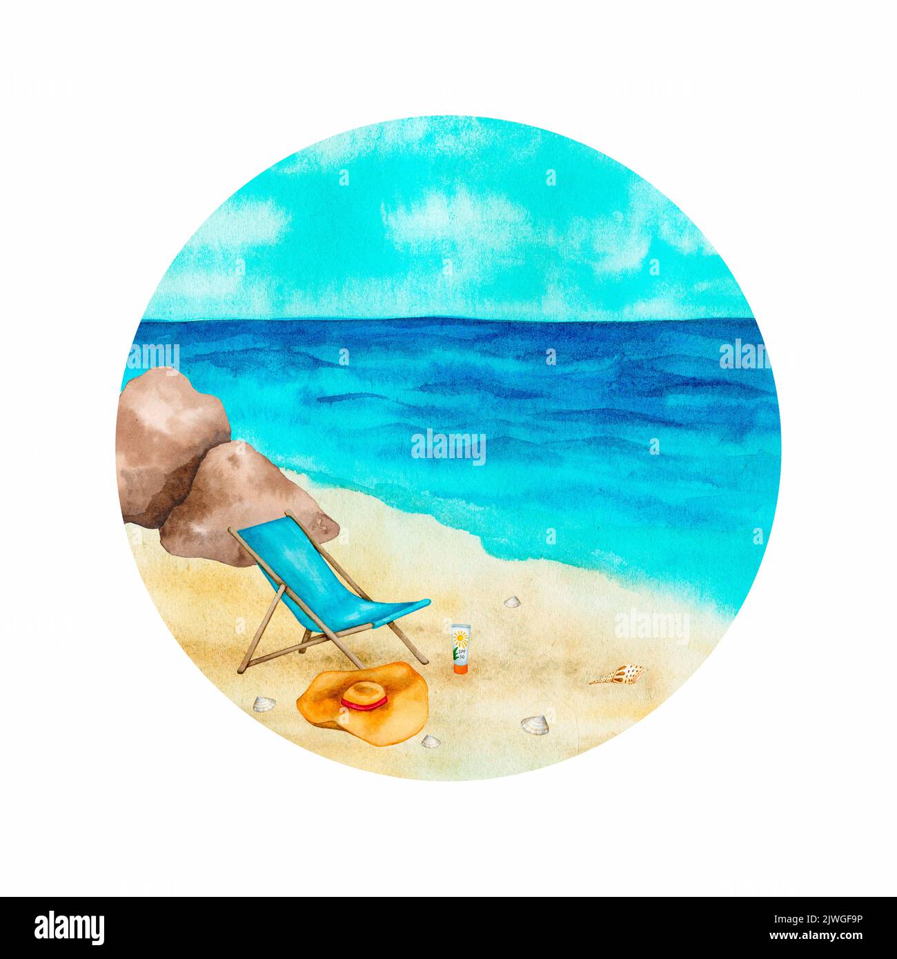 Summer beach vacation. Watercolor background. Seaside composition with ...