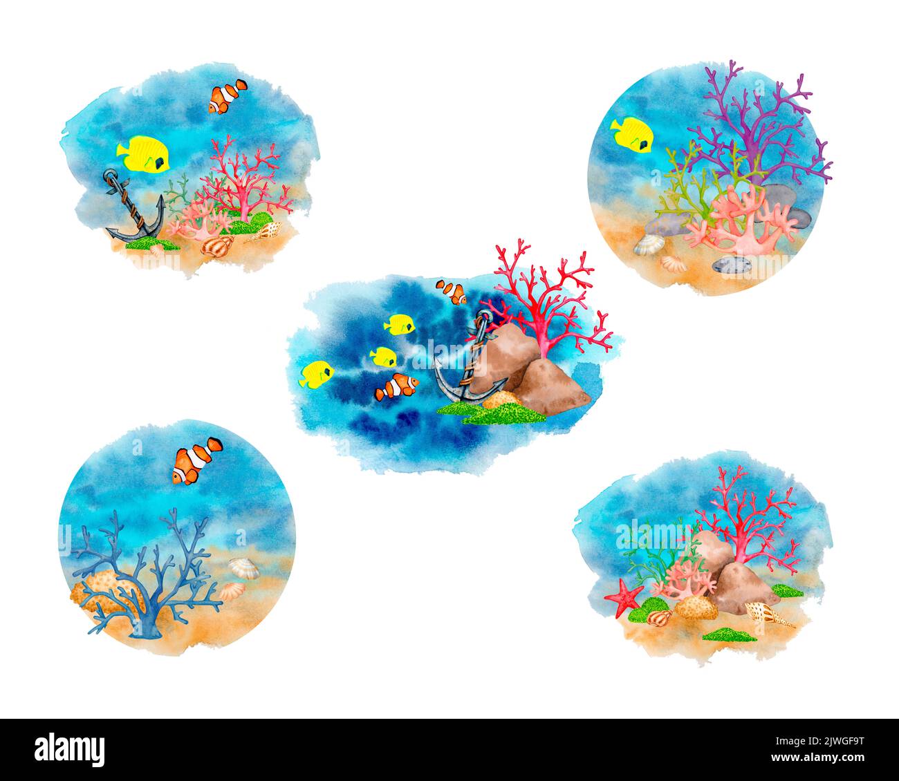 Sea bottom. Coral reef, shellfish, tropical fish. Set of watercolor ...
