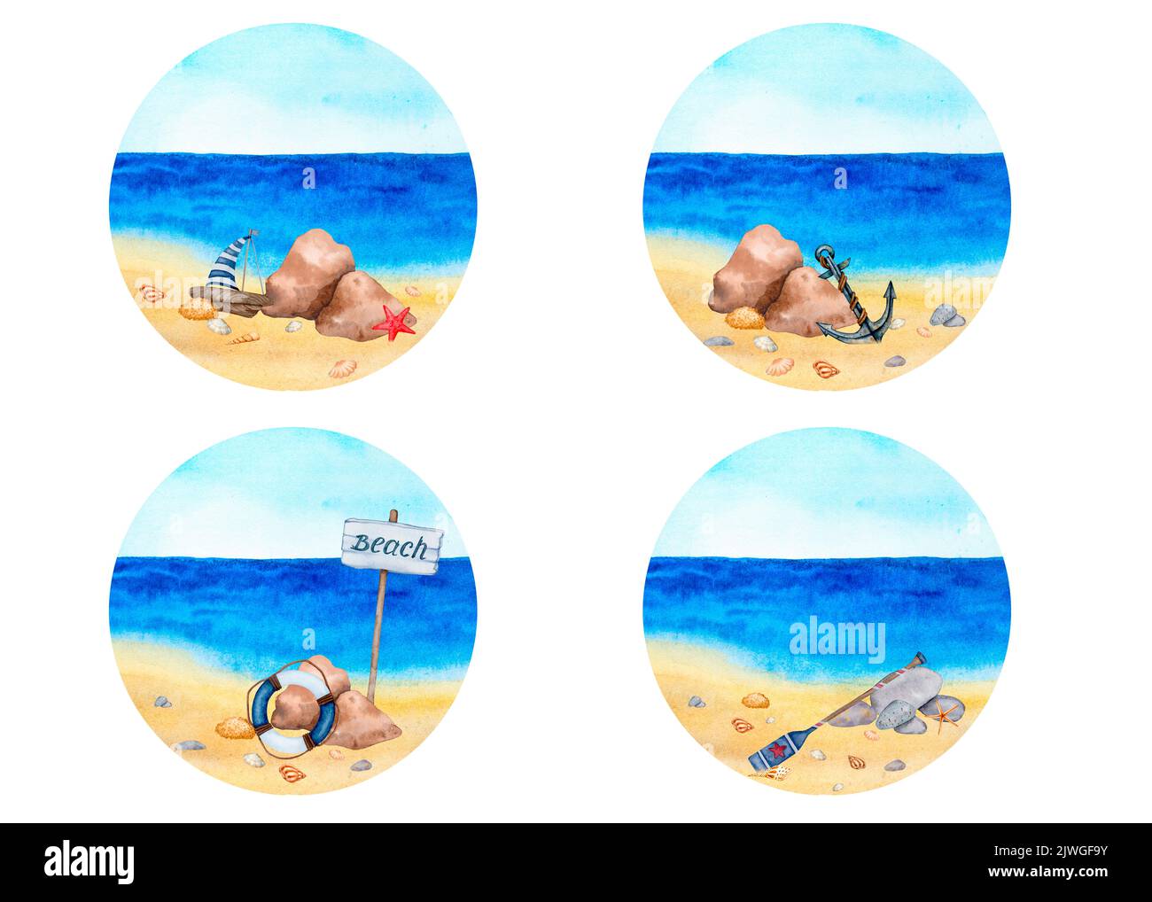Summer beach vacation. Set of watercolor backgrounds. Compositions with ...