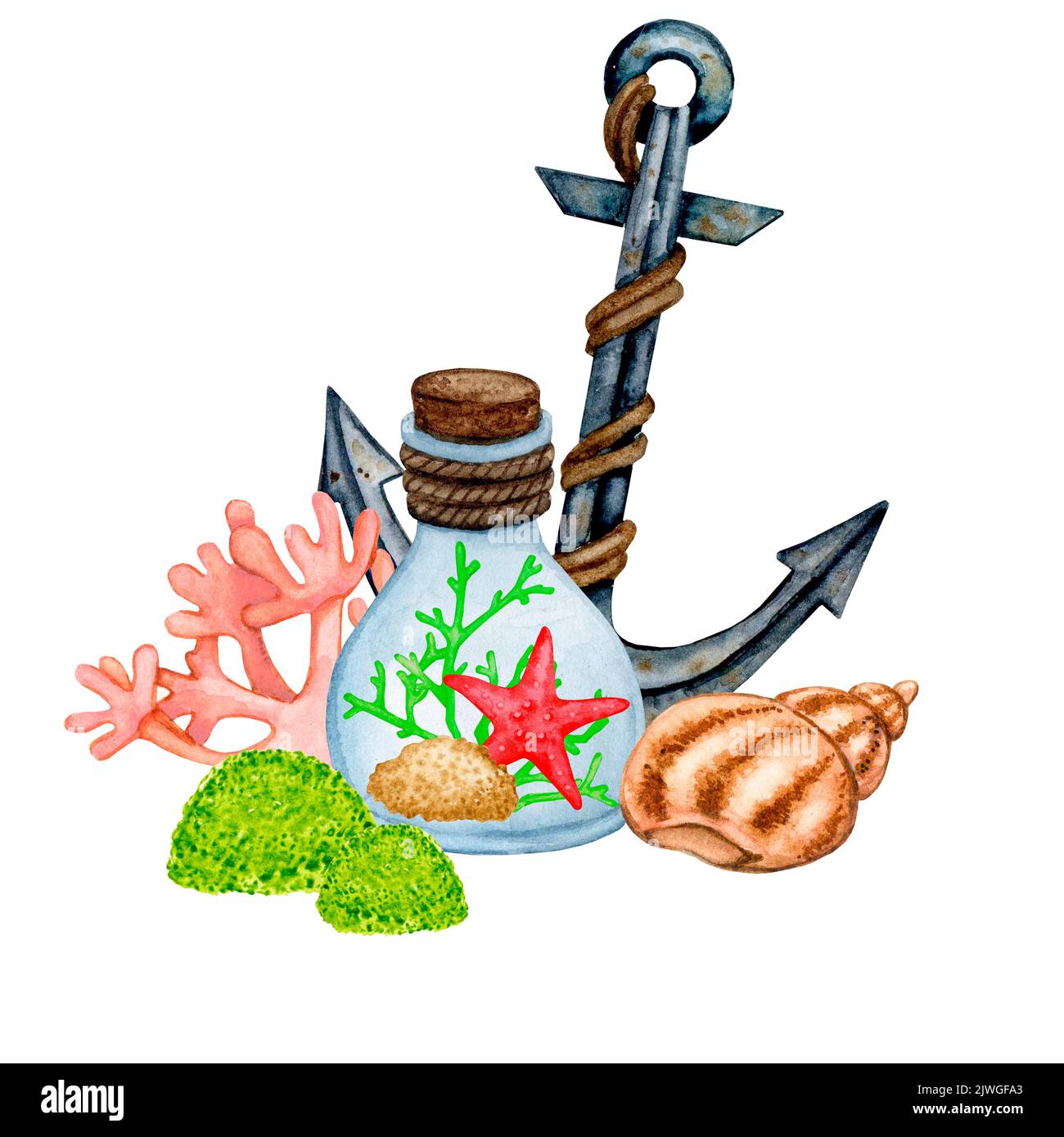 Marine composition. Decorative bottle, anchor, corals, shells ...