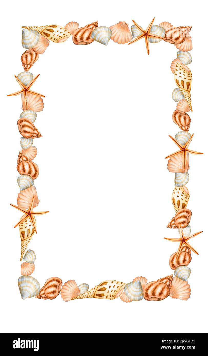 Rectangular frame with seashells.Watercolor design element for cards ...