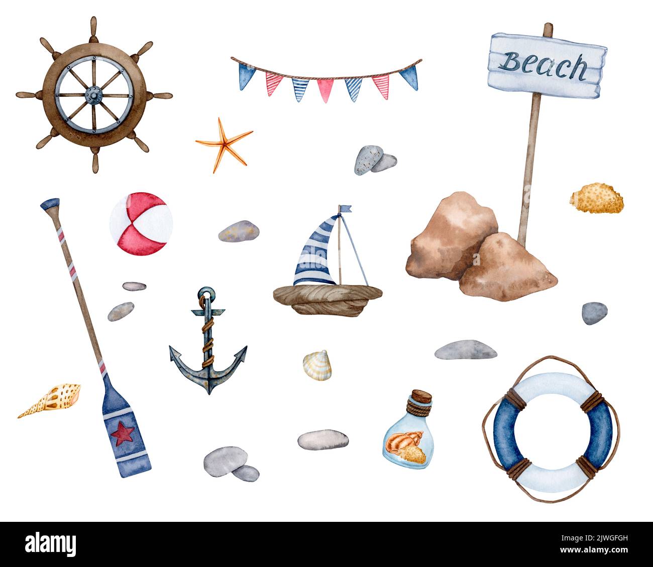 Big set of nautical elements. Rudder, anchor, seashells, lifebuoy and ...