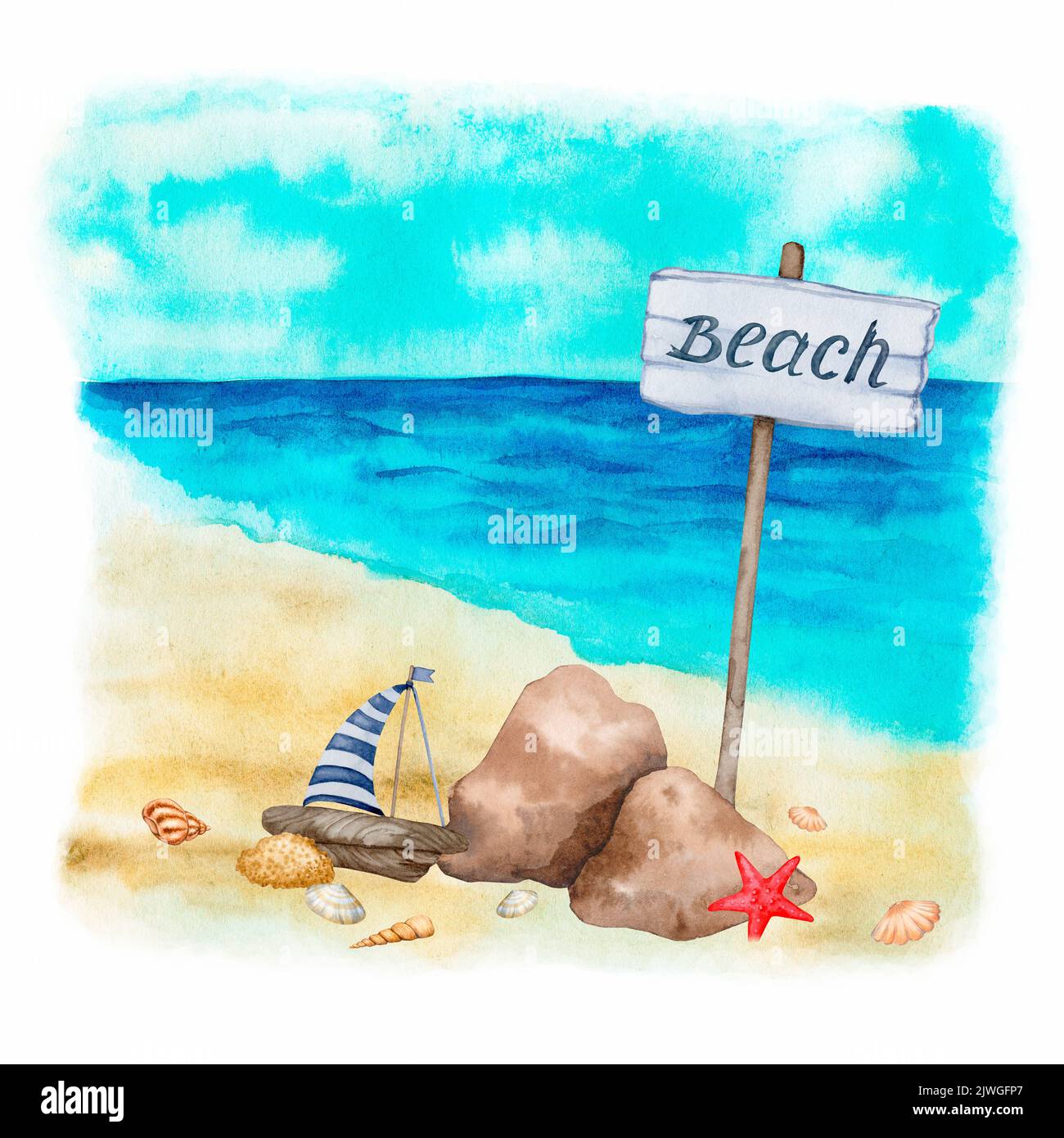 Summer beach vacation. Watercolor background. Composition with sea ...