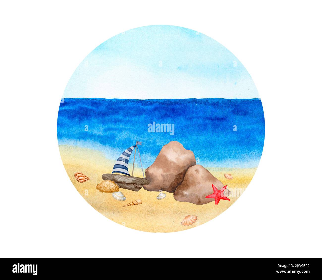 Summer beach vacation. Watercolor background. Composition with sea ...