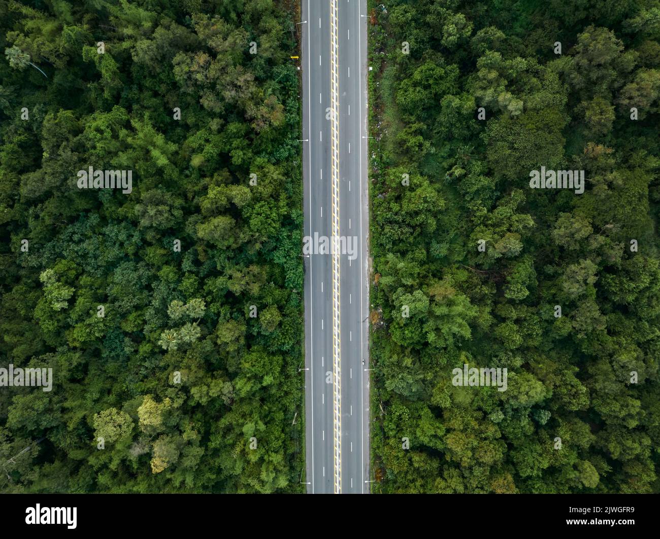 Aerial view from drone of straight two lane road with both sides is ...