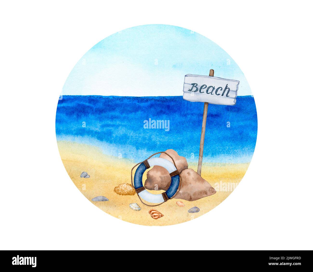 Summer beach vacation. Watercolor background. Composition with sea ...