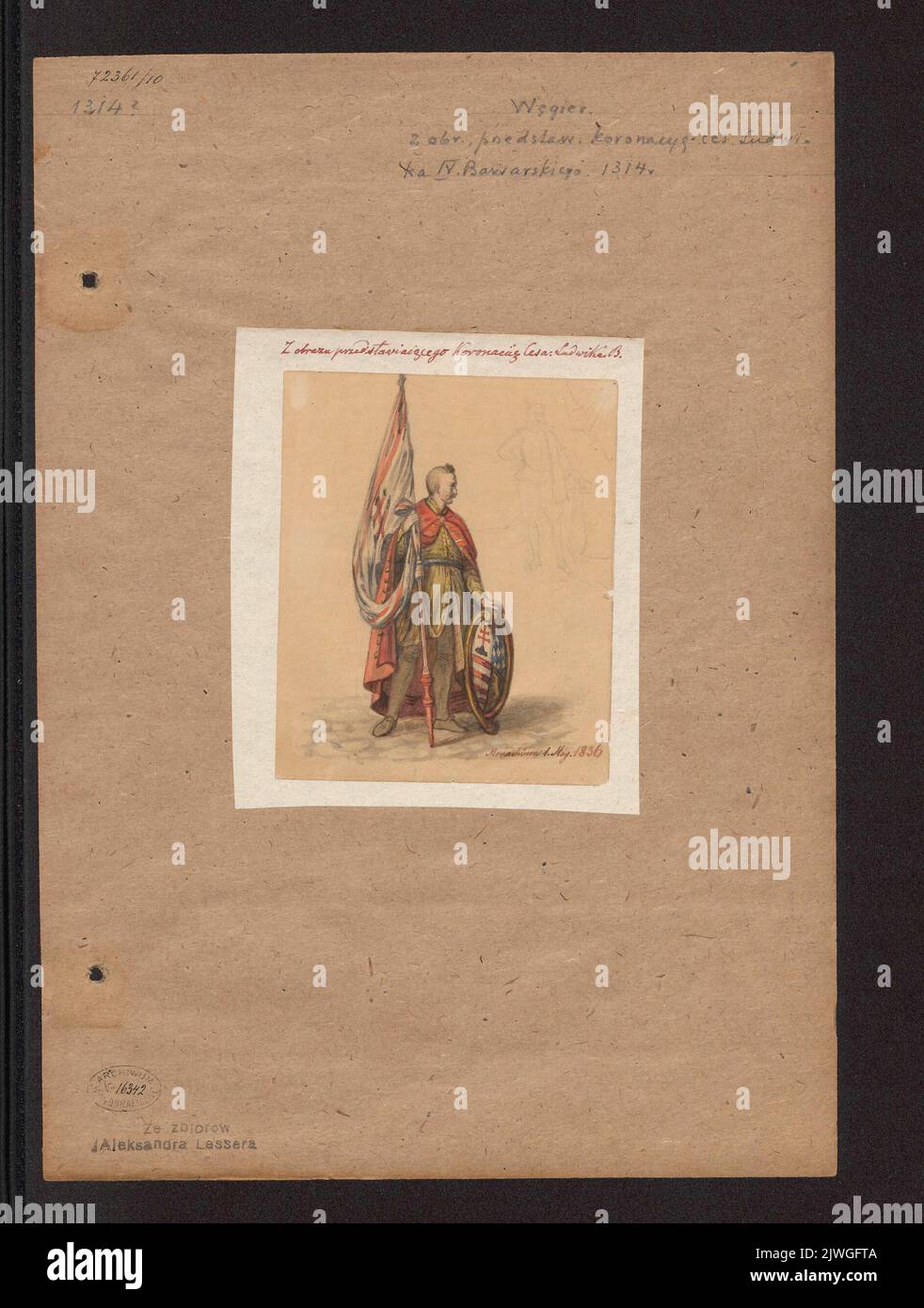 Hungarian with shield bearing coat of arms and heraldic flag in attire ...