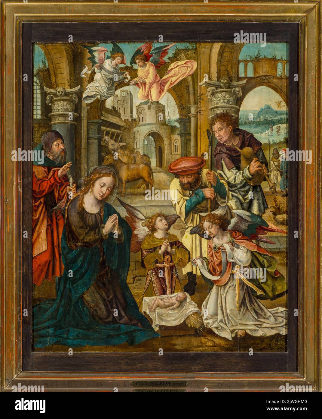 Adoration of the Shepherds (Luke 2:16-20). Coecke van Aelst, Pieter (1502-1550), painter Stock ...