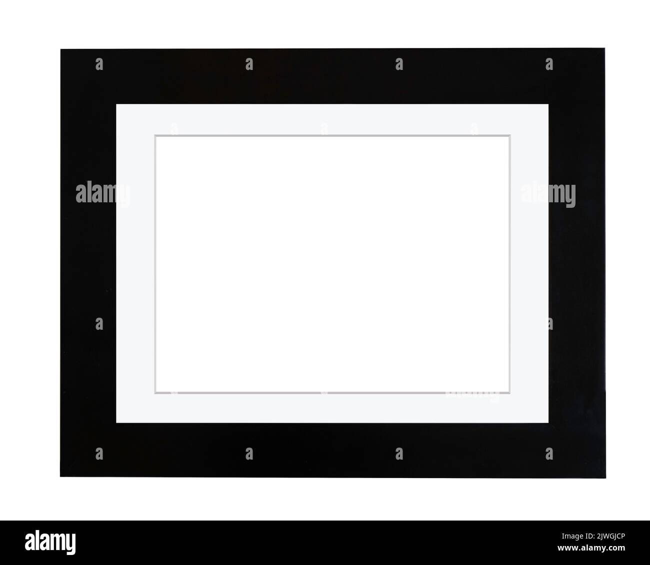 Black wood picture frame with mat board cutout isolated on white ...
