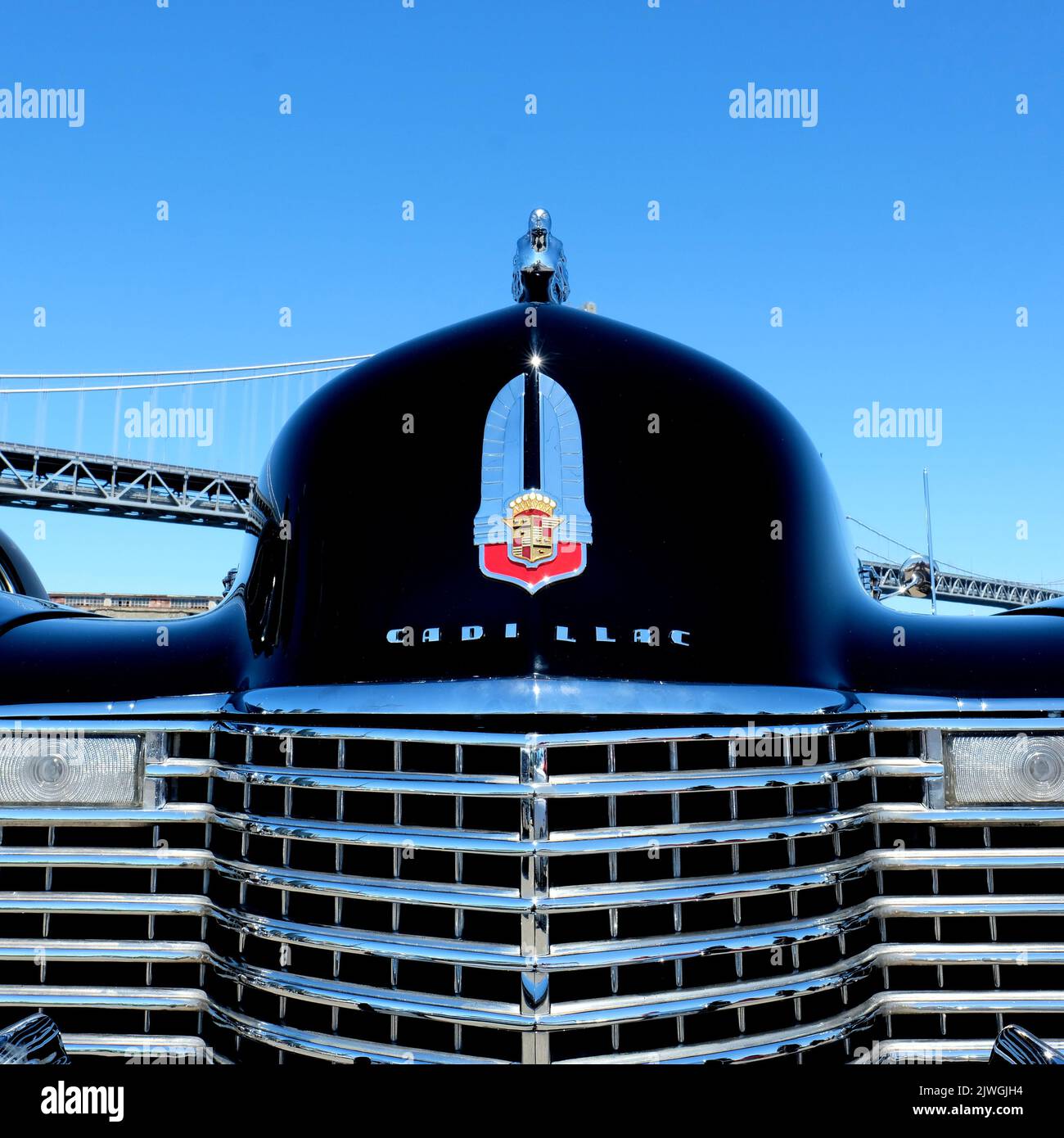 Art deco styled crest logo on the front of a 1941 Cadillac Series 63 ...