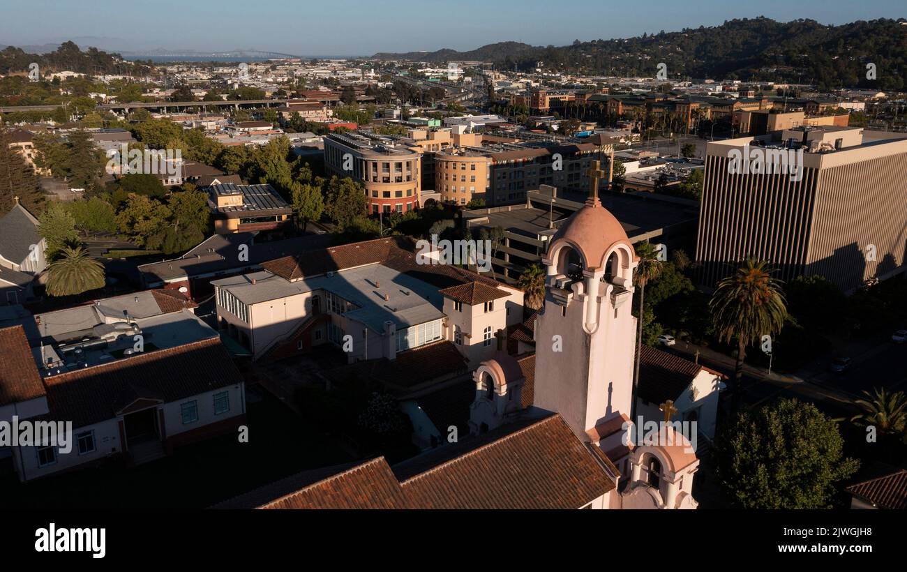 Sunset light shines on the historic Spanish Colonial mission and ...