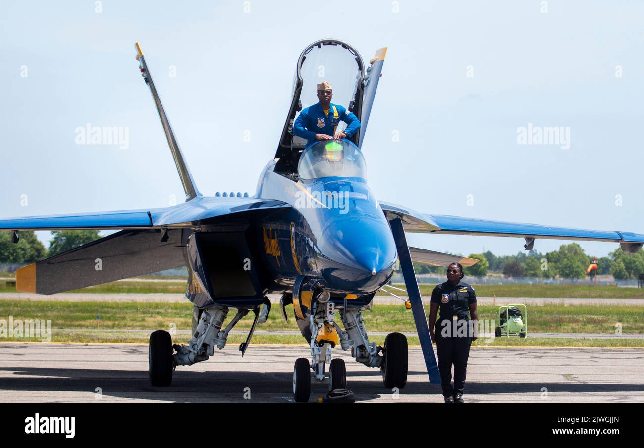 Farmingdale, New York, USA - 26 May 2022: A US Navy pilot is standing ...