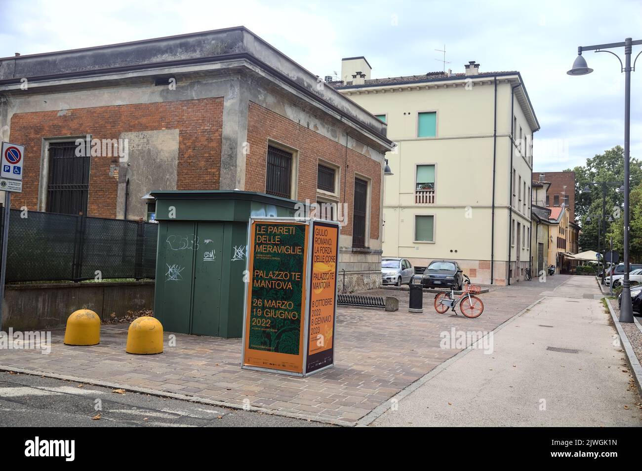 Brick utility building in a square on a cloudy day Stock Photo - Alamy