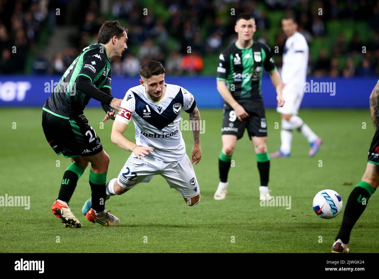 MELBOURNE, AUSTRALIA - MAY 17: Jake Brimmer of Melbourne Victory falls ...