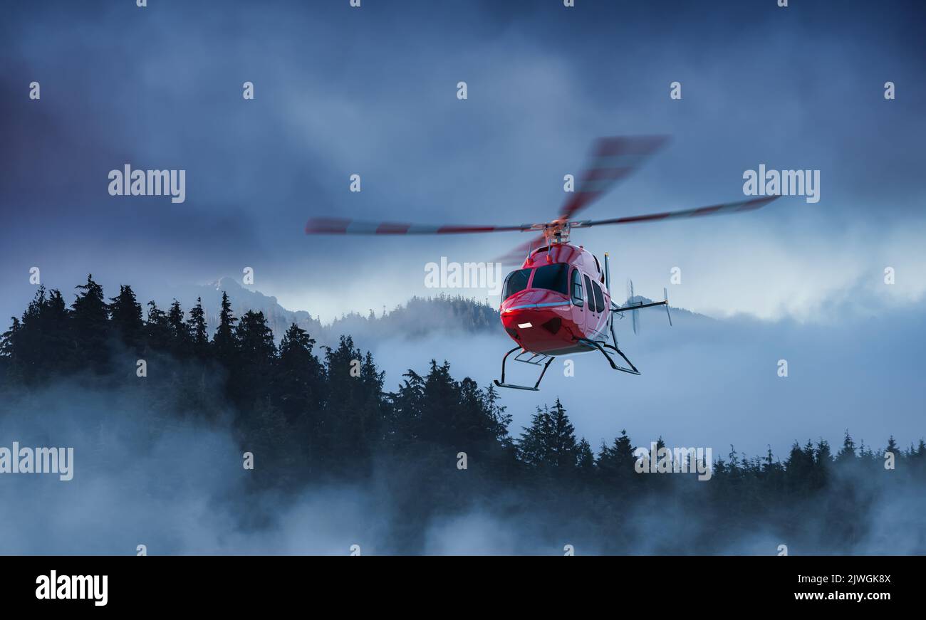 Helicopter Flying over the West Coast Pacific Ocean. Extreme Adventure ...