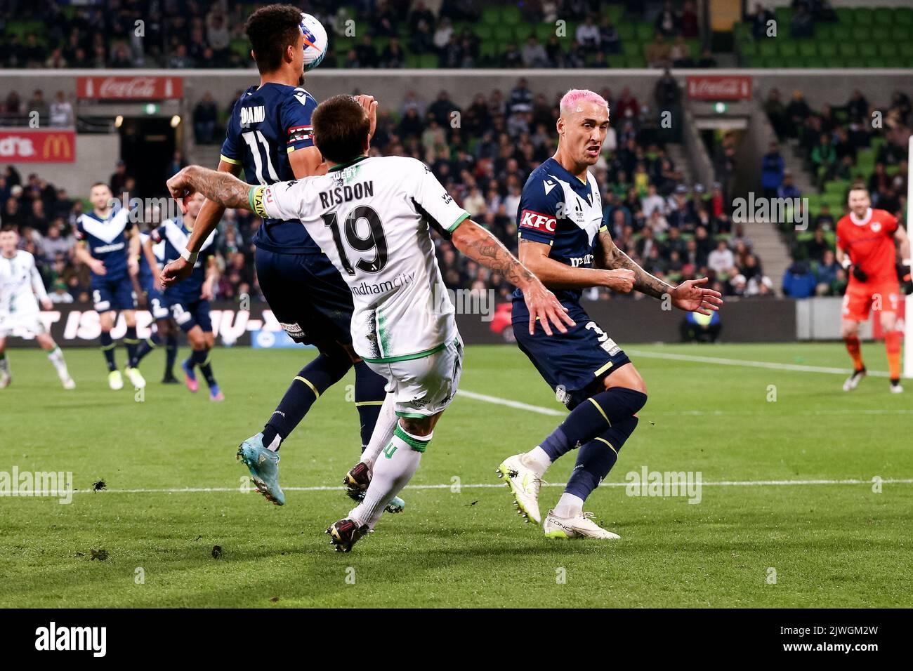MELBOURNE, AUSTRALIA - MAY 21: Ben Folami of Melbourne Victory heads ...
