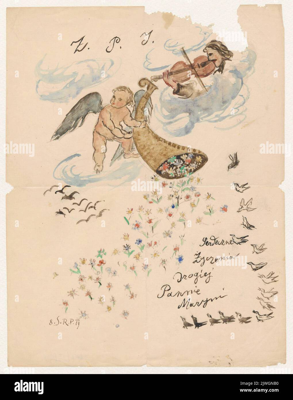 Name day card for Maria Mickiewiczówna, with a drawing showing an angel ...