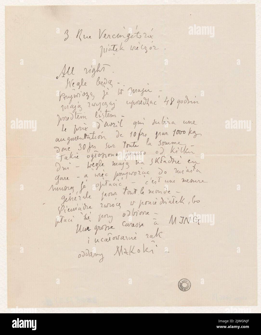 Letter to Maria Mickiewiczówna, with an envelope. Makowski, Tadeusz ...