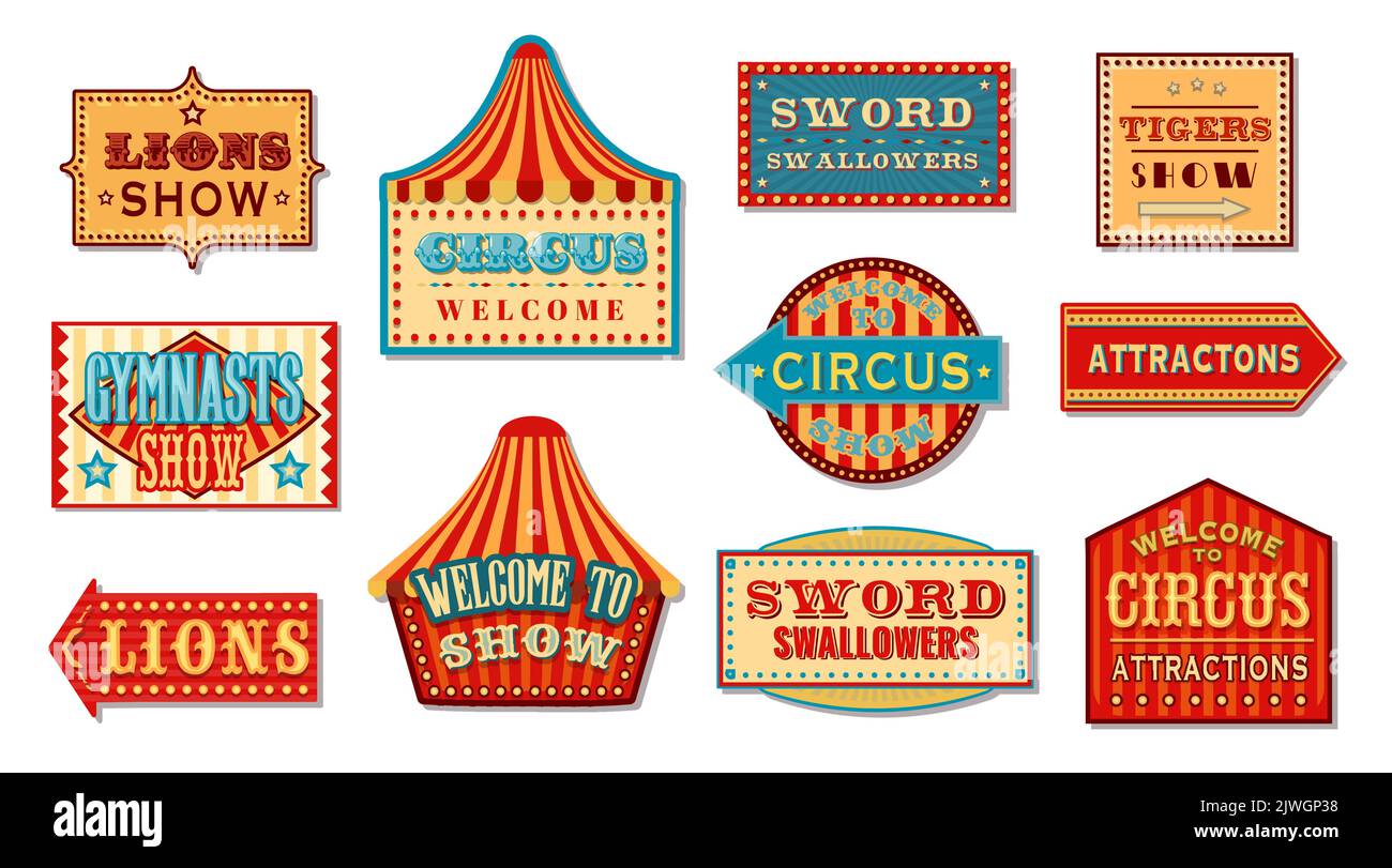 Circus signs and carnival signboards to show tickets booth, vector ...