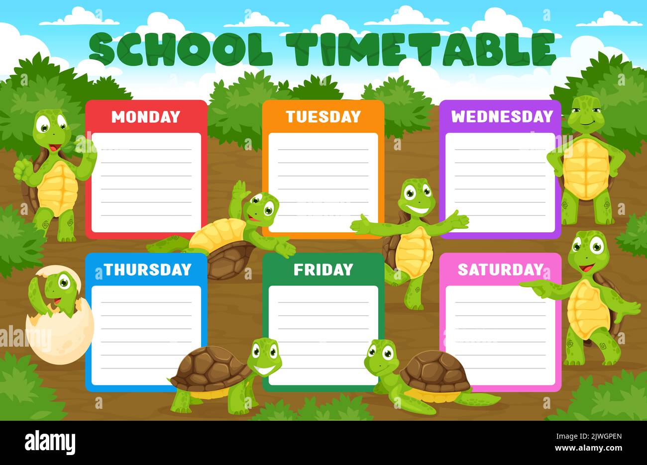 Education timetable schedule with cartoon turtles, cheerful tortoise ...