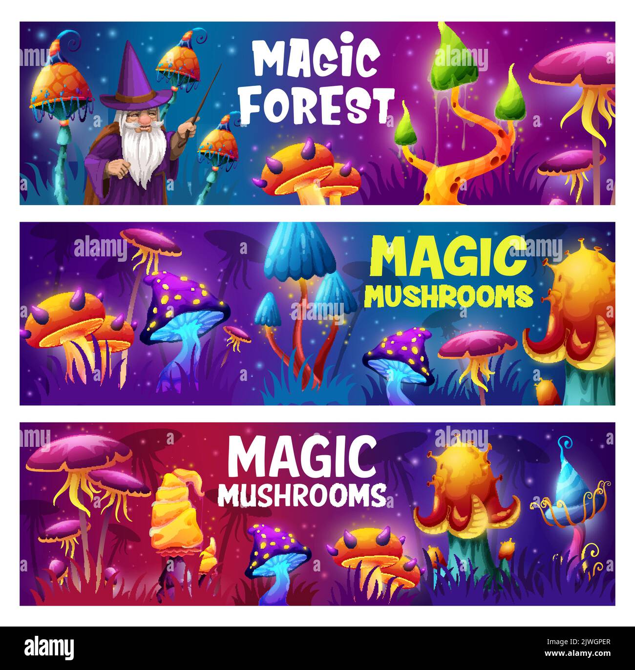 Magic mushrooms and wizard in fantasy forest. Cartoon vector banners ...