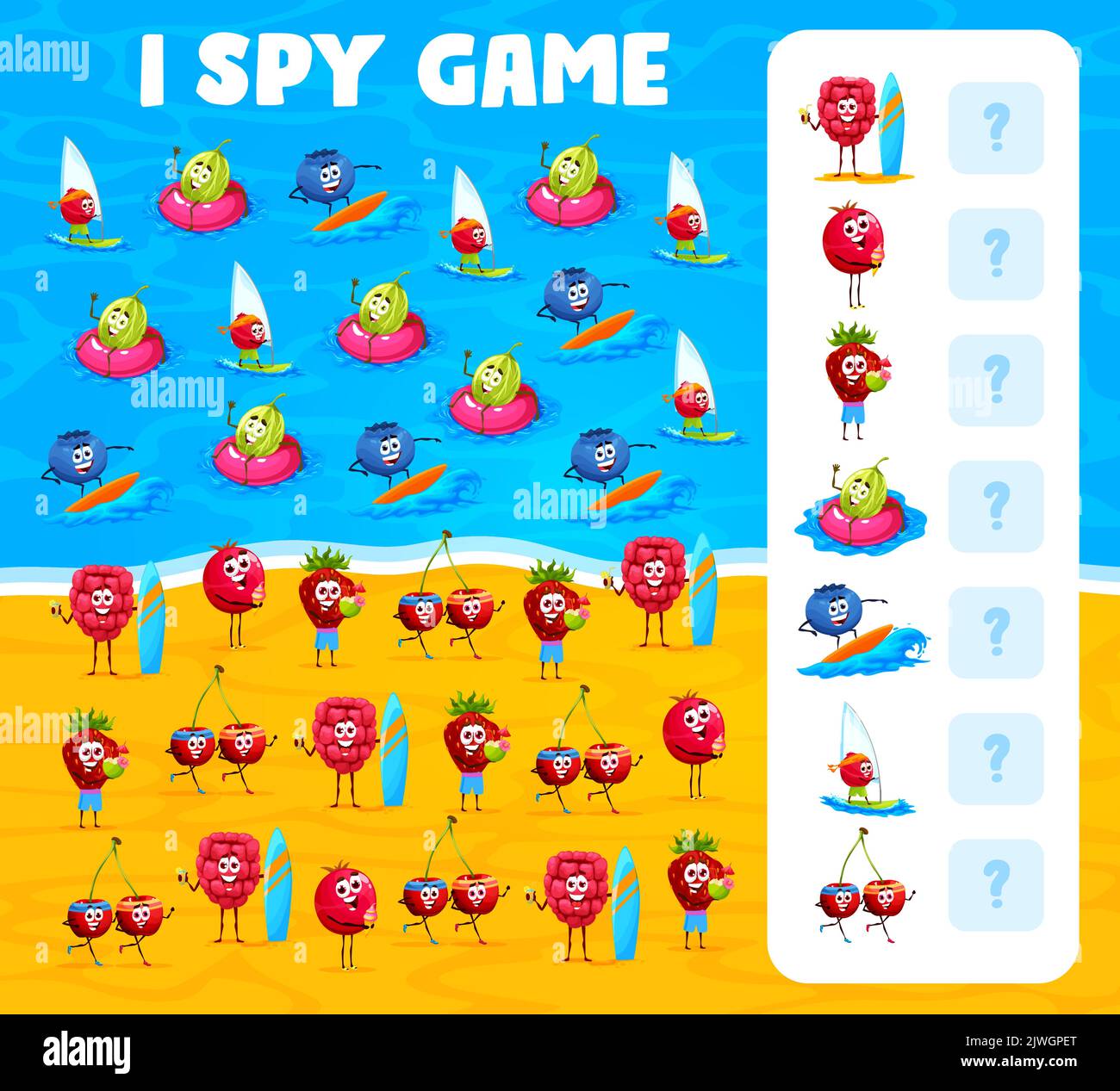 I spy game cartoon cheerful berry characters on summer vacation. Vector ...