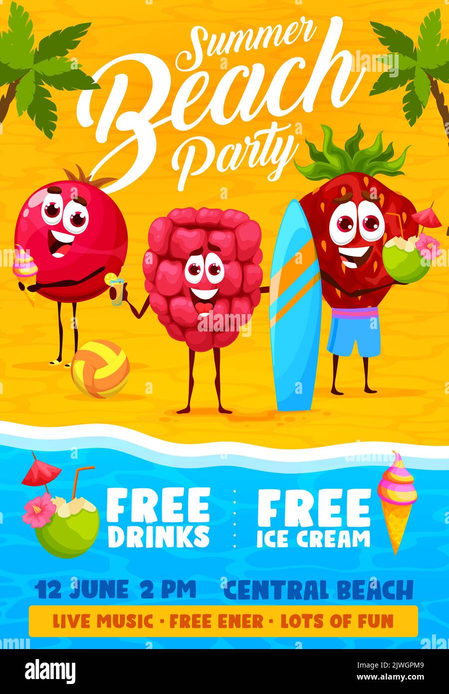 Summer beach party flyer. Cartoon berry characters on tropical resort ...