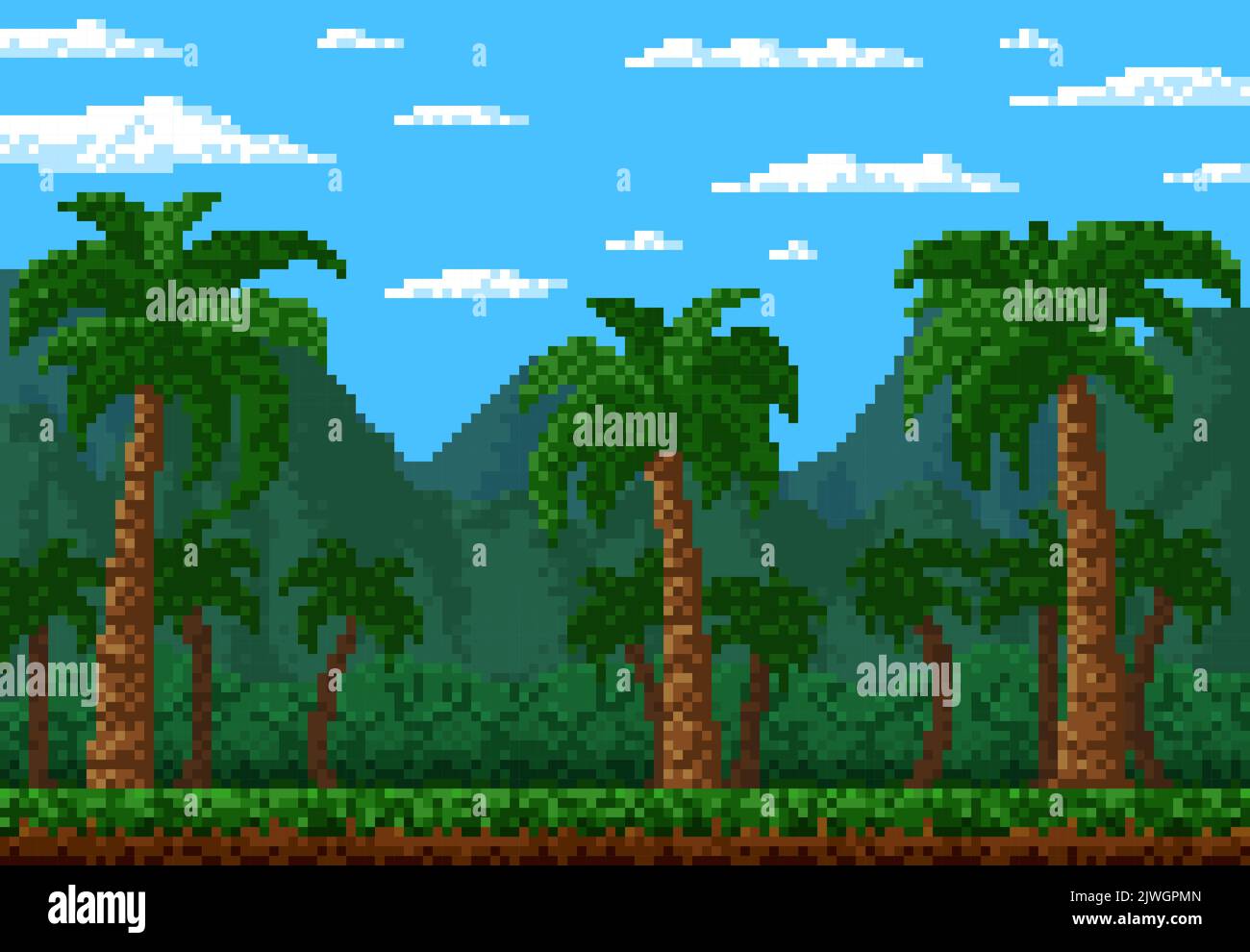 Jungle forest 8 bit pixel game level landscape with palms, vector ... Jungle forest 8 bit pixel game level landscape with palms, vector ...