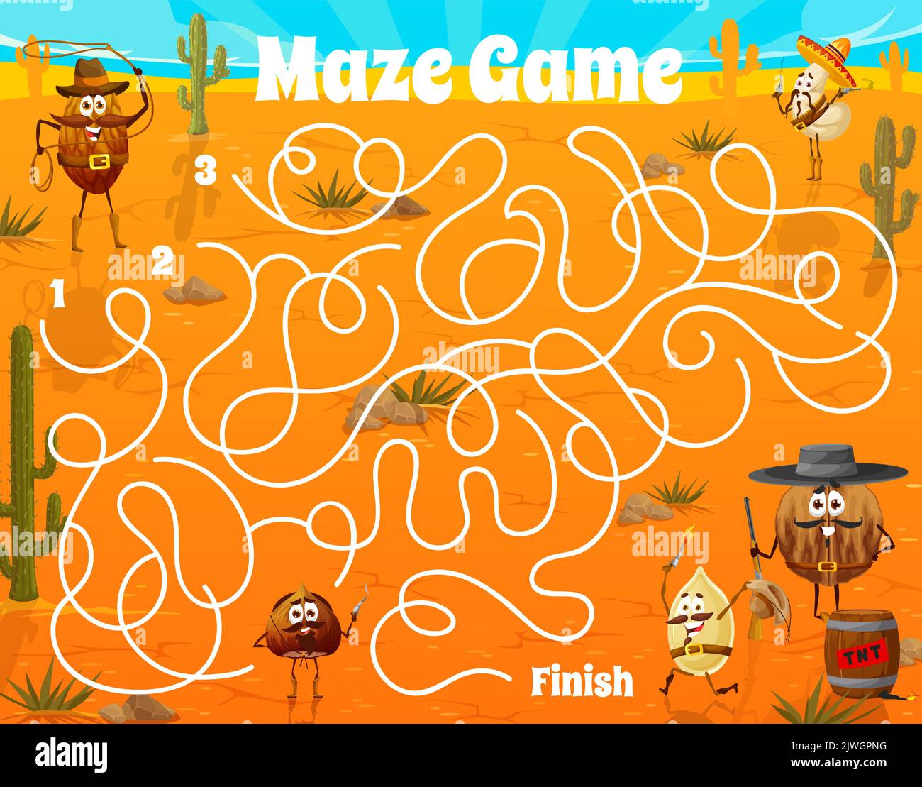 Labyrinth maze. Nut sheriff, cowboy and bandit characters at mexican ...
