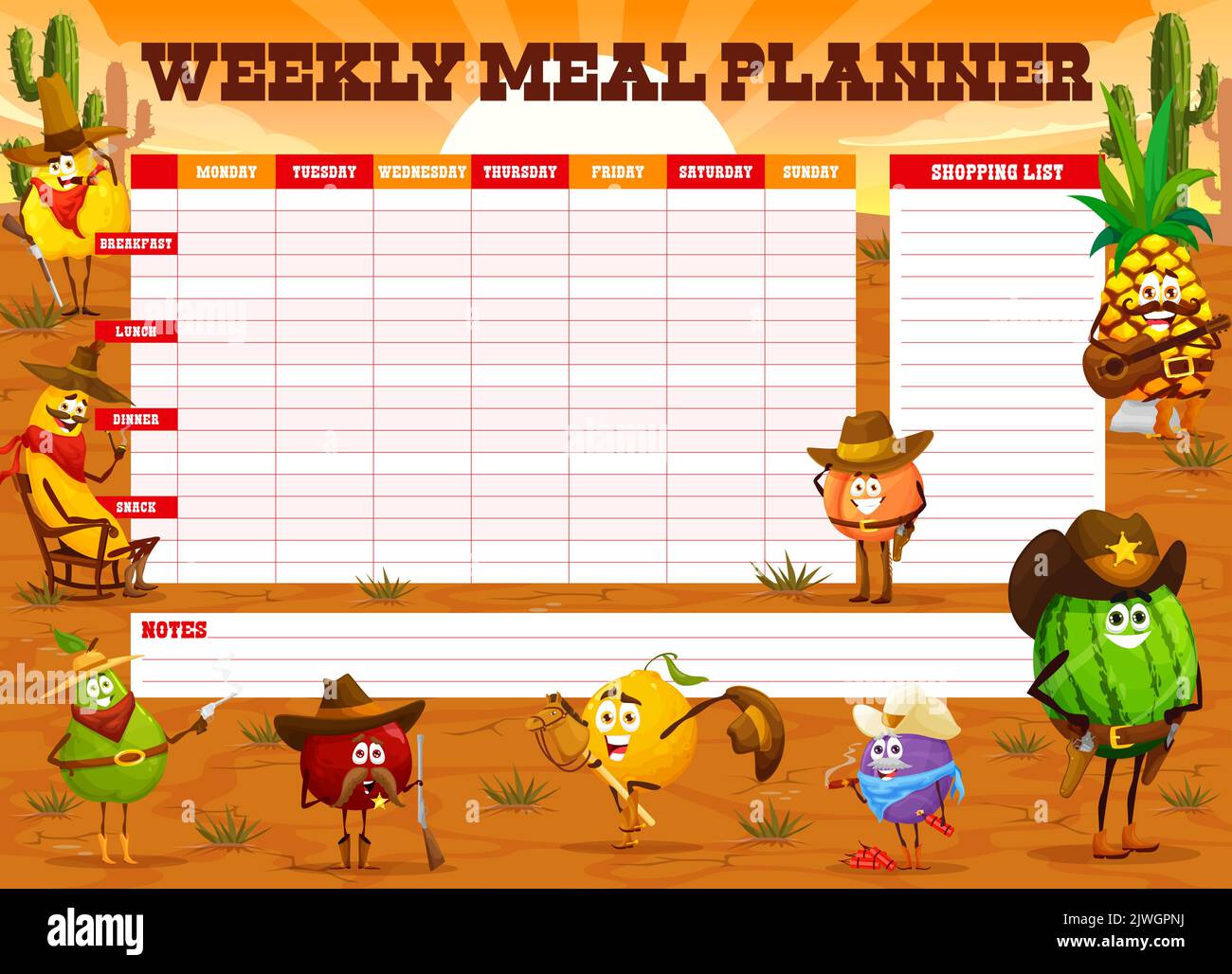 Weekly meal planner, cartoon fruit western cowboy, ranger, sheriff and ...